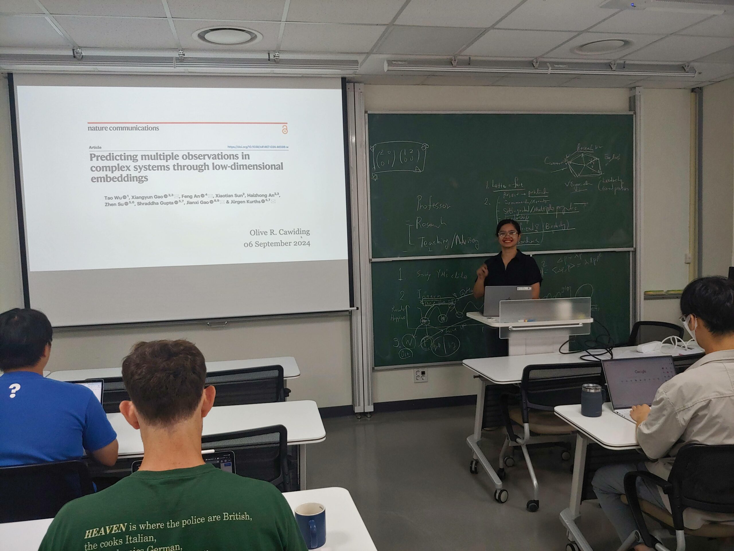 Olive Cawiding gave a talk on "Predicting multiple observations in complex systems through low ...